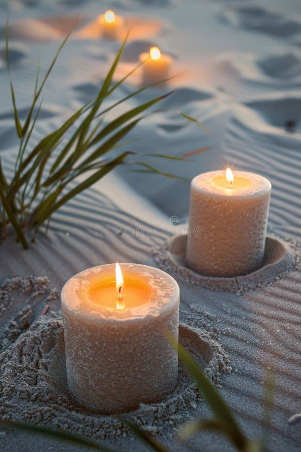 Romantic Candles on Sandy Beach, Perfect for Summer Concepts Stock Photo - Image of candles ...