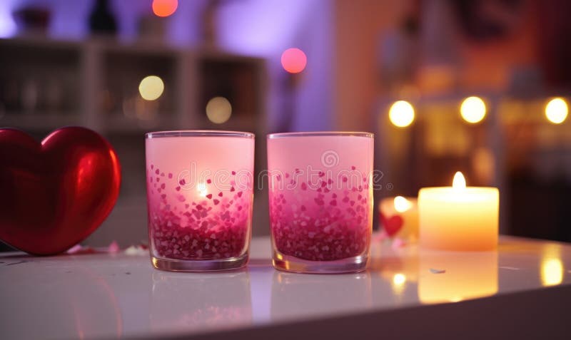 Romantic Candles on Table in Room Decorated with Flowers, Closeup Stock ...