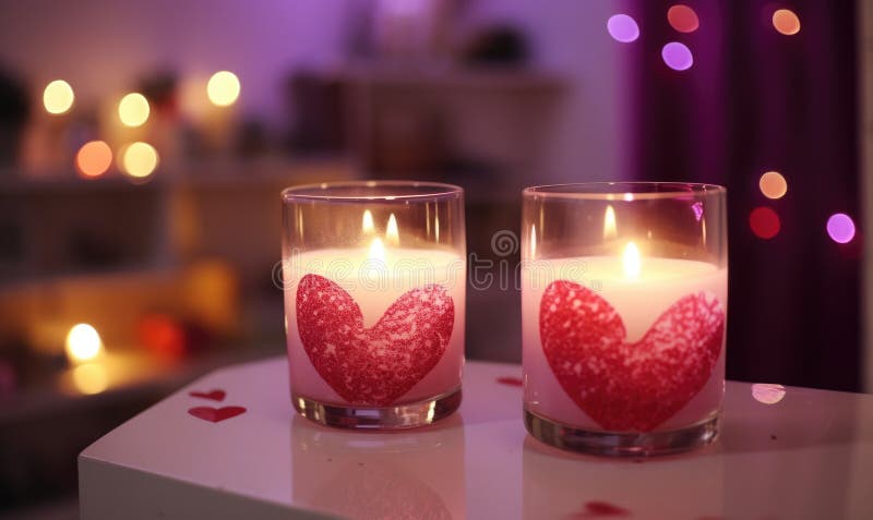 Romantic Candles on Table in Room Decorated with Flowers, Closeup Stock ...
