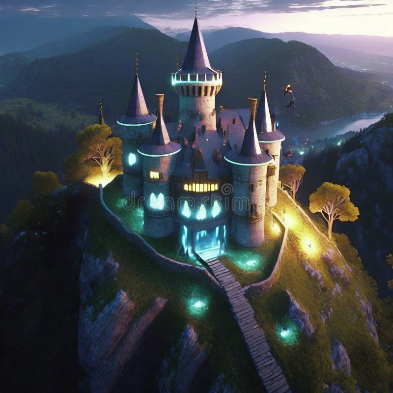 Romantic castle at night stock illustration. Illustration of night ...