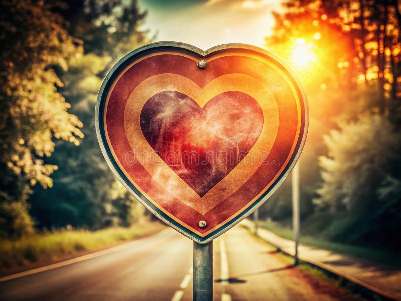 Romantic Caution a Double Exposure Heart Warning Road Sign a Striking ...