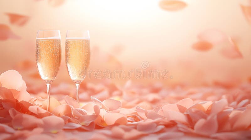 Romantic Celebration Background, Champagne Glasses, and Petals with ...