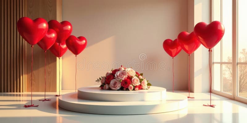 Romantic Celebration with Heart Balloons and Roses on a Display Stand ...