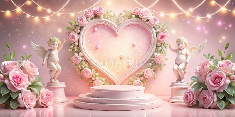 Romantic Cherubs and Roses Adorn a Heart-shaped Display Stand with Soft ...