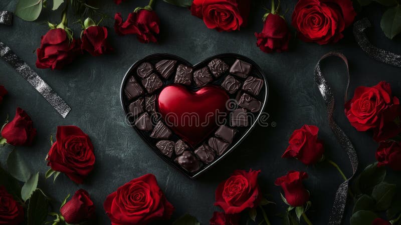 Romantic Chocolate Gift in Heart Shape Surrounded by Red Roses Stock ...
