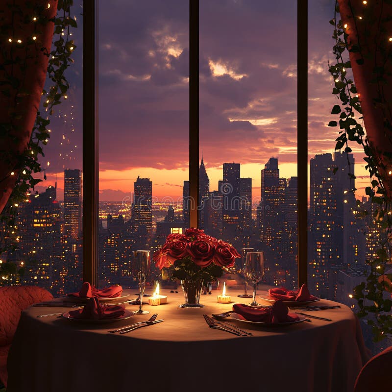 Romantic Cityscape Dinner Sunset Roses and Table Setting for Two AI ...