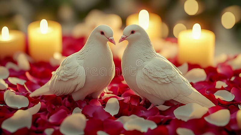 Romantic Close-up of White Doves Standing on a Bed of Rose Petals Stock ...