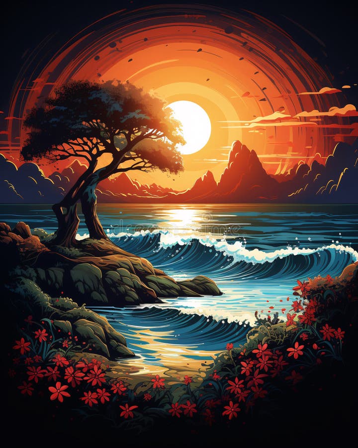 Romantic Coast with a Wavy Sea and the Sun Setting Over the Horizon ...