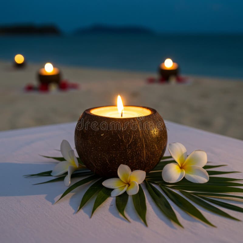 Romantic Coconut Shell Candles on Tropical Beach at Night Stock ...