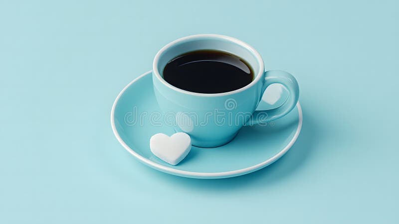 Romantic Coffee Break Blue Cup Saucer and Heart Shaped Sugar on Light ...