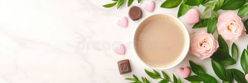 Romantic Coffee Break with Roses and Chocolates on Marble Background ...