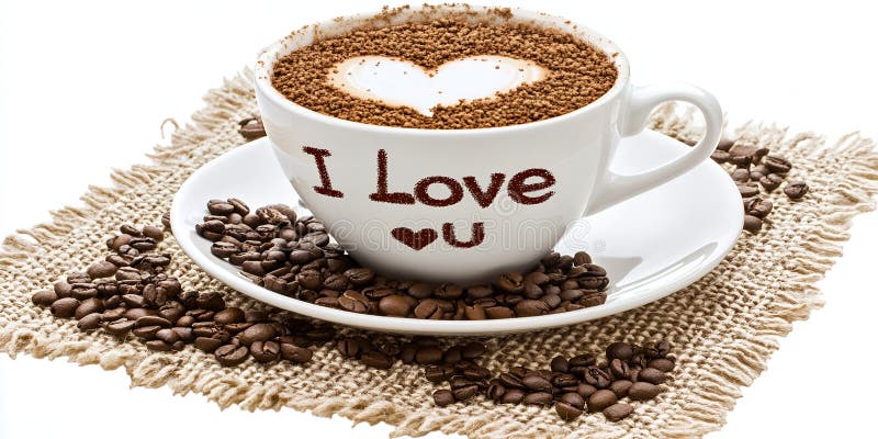 Romantic Coffee Cup with Heart Design Coffee Beans and I Love U Message ...
