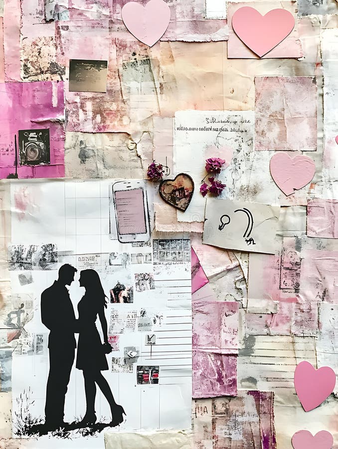 Romantic Collage with Couple Silhouette, Hearts, and Papers Stock ...