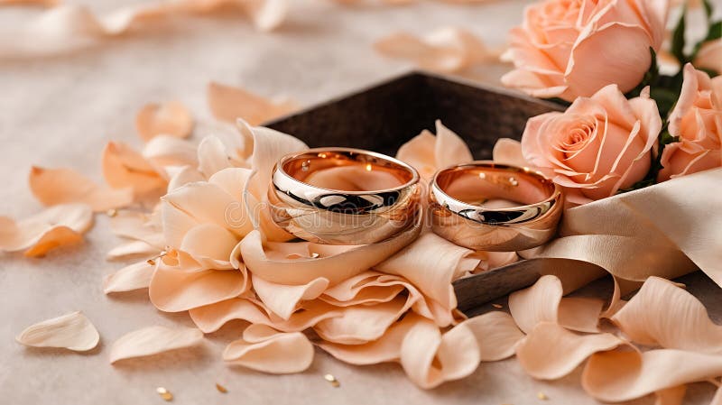 Romantic Composition. Gold Wedding Ring with Peach Roses. Wedding ...