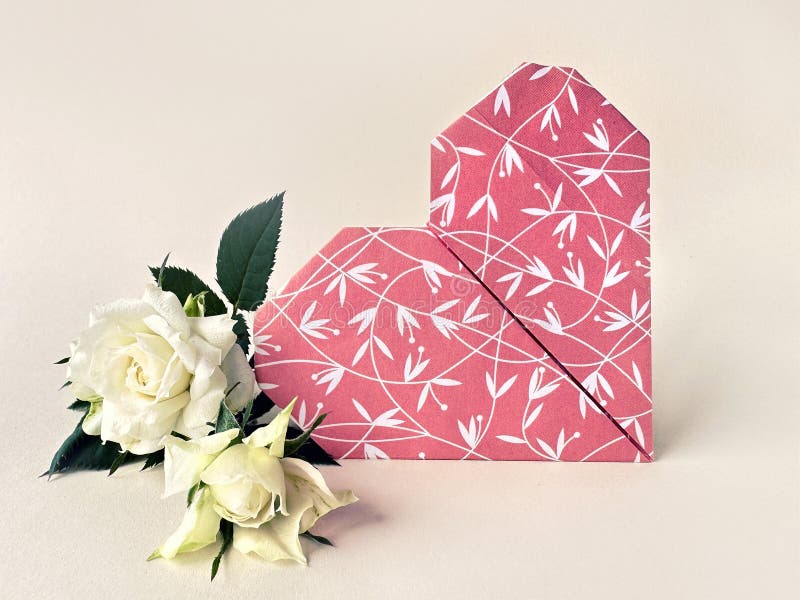 Romantic Composition with Red Origami Heart and White Roses on a Light ...