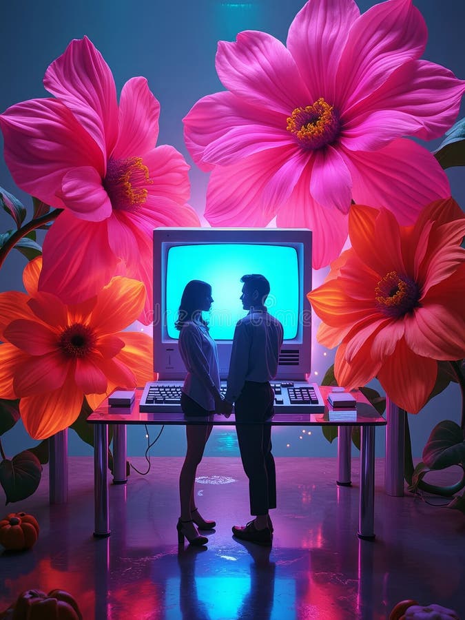 Romantic Connection: Couple Holding Hands by Retro Computer with ...