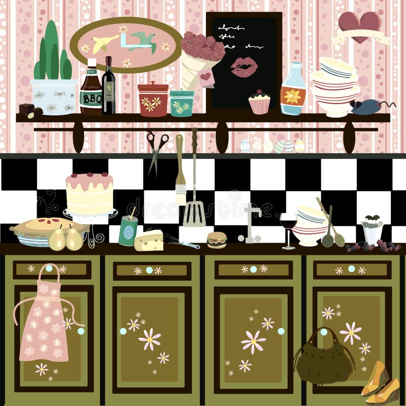 Country Style Retro Kitchen (early Color Technique Stock Illustration ...
