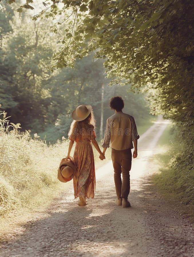 A Romantic Country Walk, a Young Couple Take an Evening Walk Down a Country Lane Stock ...