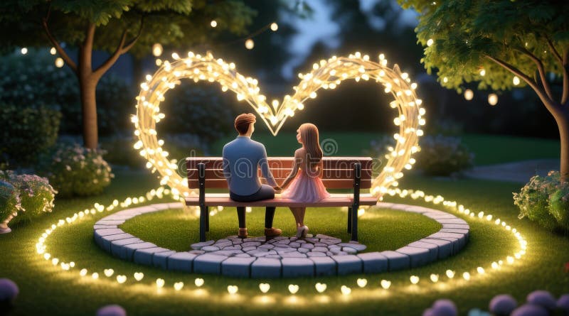 Romantic Couple on Bench with Heart Shaped Lights at Night Stock ...