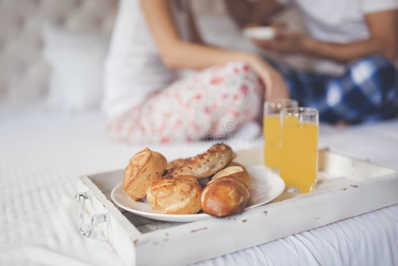 Romantic Couple Breakfast in Bed Stock Photo - Image of love, romantic ...