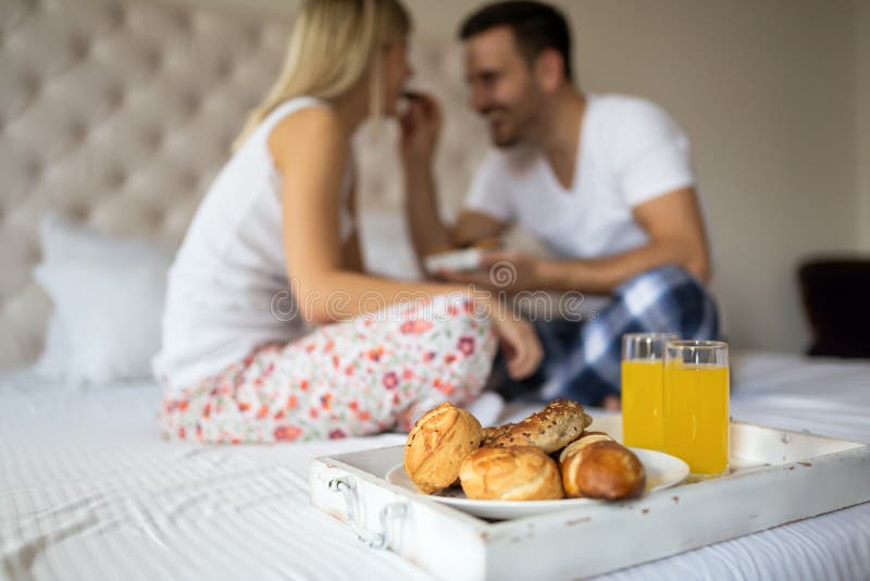 Romantic Couple Breakfast in Bed Stock Photo - Image of home, waking ...
