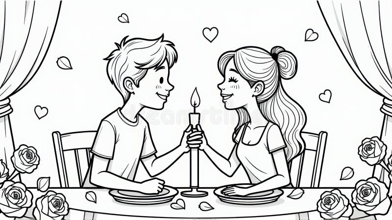 Romantic Couple on a Candlelit Date, Coloring Page Stock Illustration ...