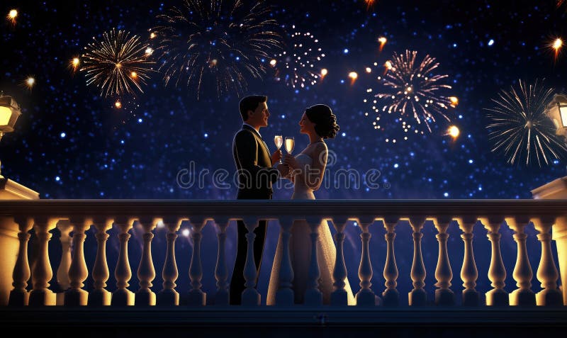 Romantic Couple Celebrating with Fireworks on a Balcony at Night Stock ...