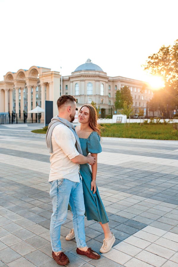 Romantic Couple Dancing in the Street on Sunset in City Stock Image ...
