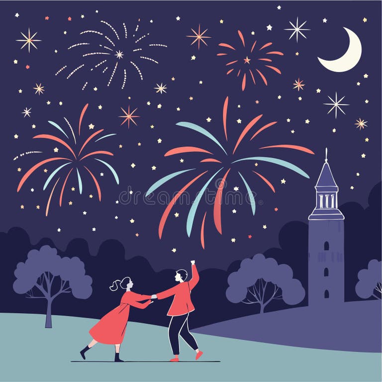 Romantic Couple Dancing Under Fireworks at Night Vector Stock ...