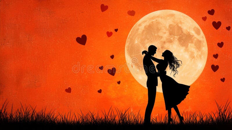 Romantic Couple Dancing Under Full Moon with Hearts Around Stock ...