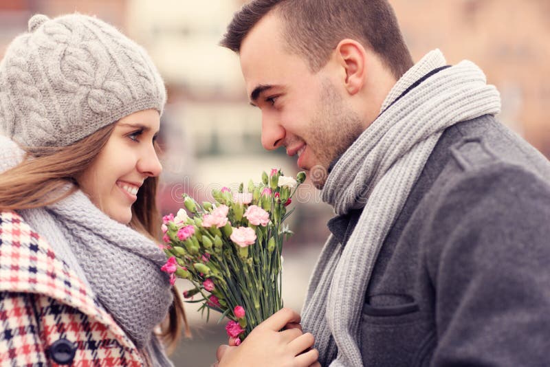 Romantic Couple on a Date with Flowers Stock Image - Image of love ...