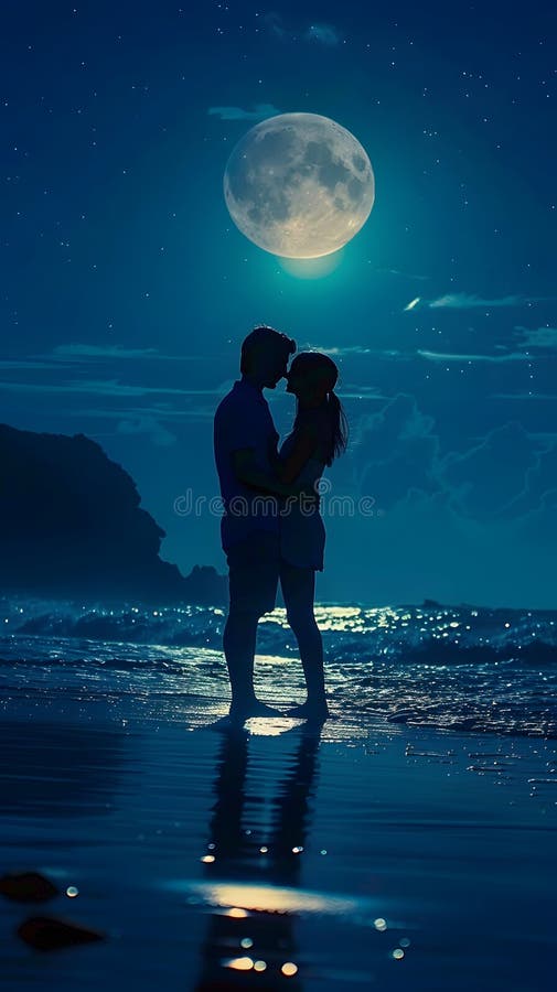 A Romantic Couple Embraces on a Beach Under a Full Moon, Creating a ...