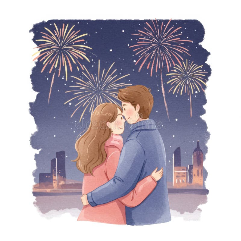 Romantic Couple Embracing during Fireworks Display Over City at Night ...