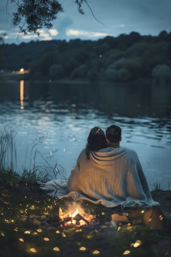 Romantic Couple Embracing by Lakeside Bonfire at Dusk Stock Image ...