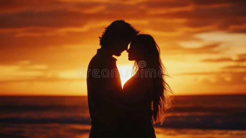 Romantic Couple Embracing at Sunset on the Beach Stock Image - Image of destination ...