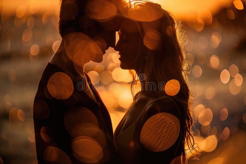 Romantic Couple Embracing at Sunset with Bokeh Light Effects Stock ...