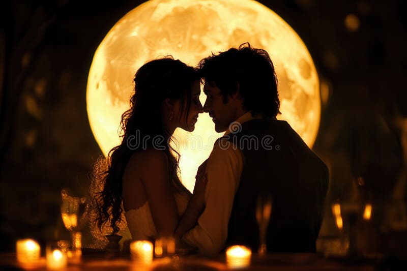Romantic Couple Embracing Under Full Moon Light during Honeymoon in ...