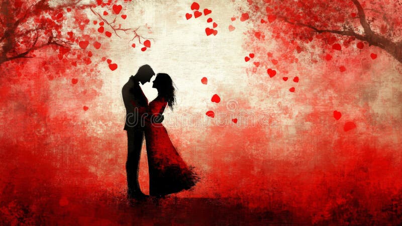 Romantic Couple Embracing Under Red Falling Leaves Stock Illustration ...