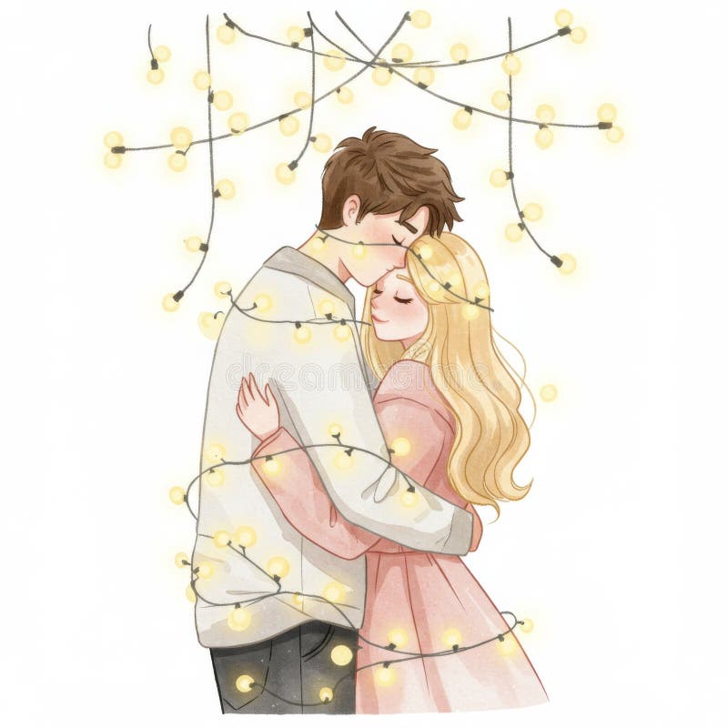 Romantic Couple Embracing Under String Lights Stock Illustration ...