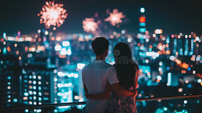 Couple Watching Fireworks Exploding Over City at Night from Balcony ...