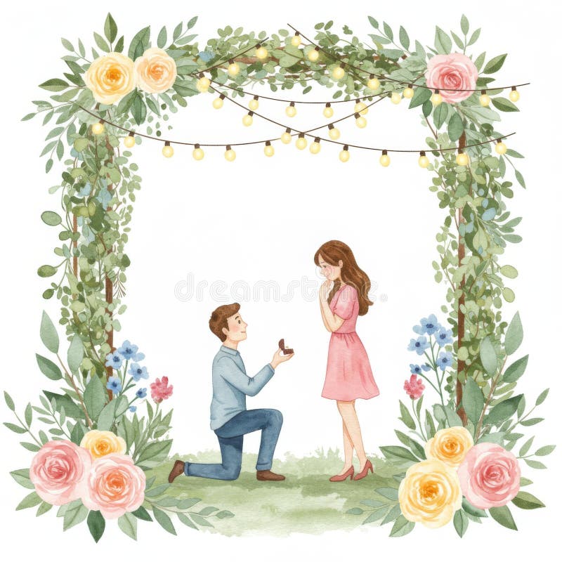 Romantic Couple Engagement Proposal Under Floral Arch Stock ...