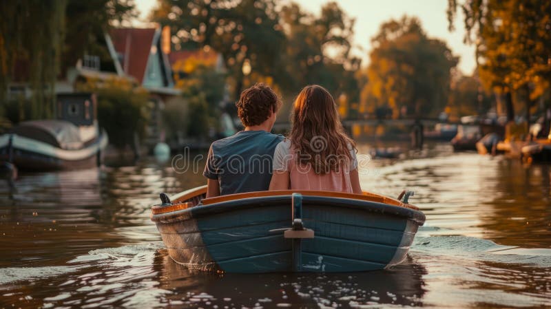Romantic Couple Enjoying a Leisurely Boat Ride Along a Tranquil River ...