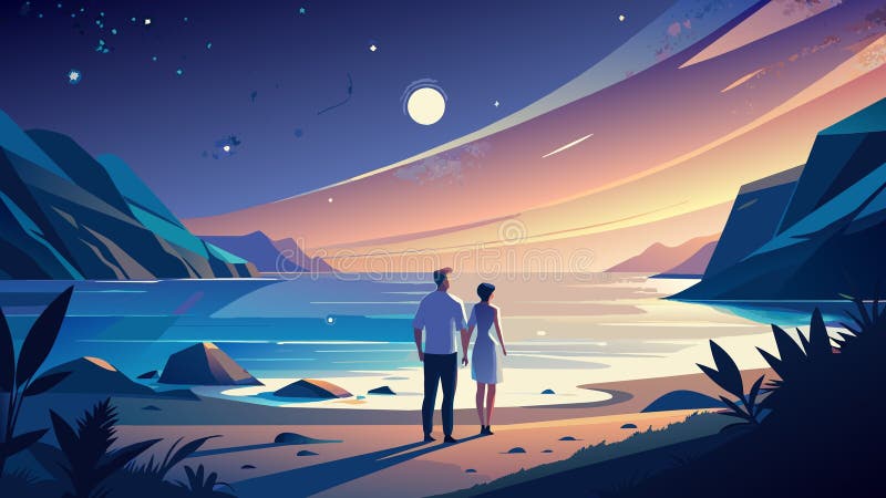 Romantic Couple Enjoying Serene Beach Sunset Landscape Stock Photo ...