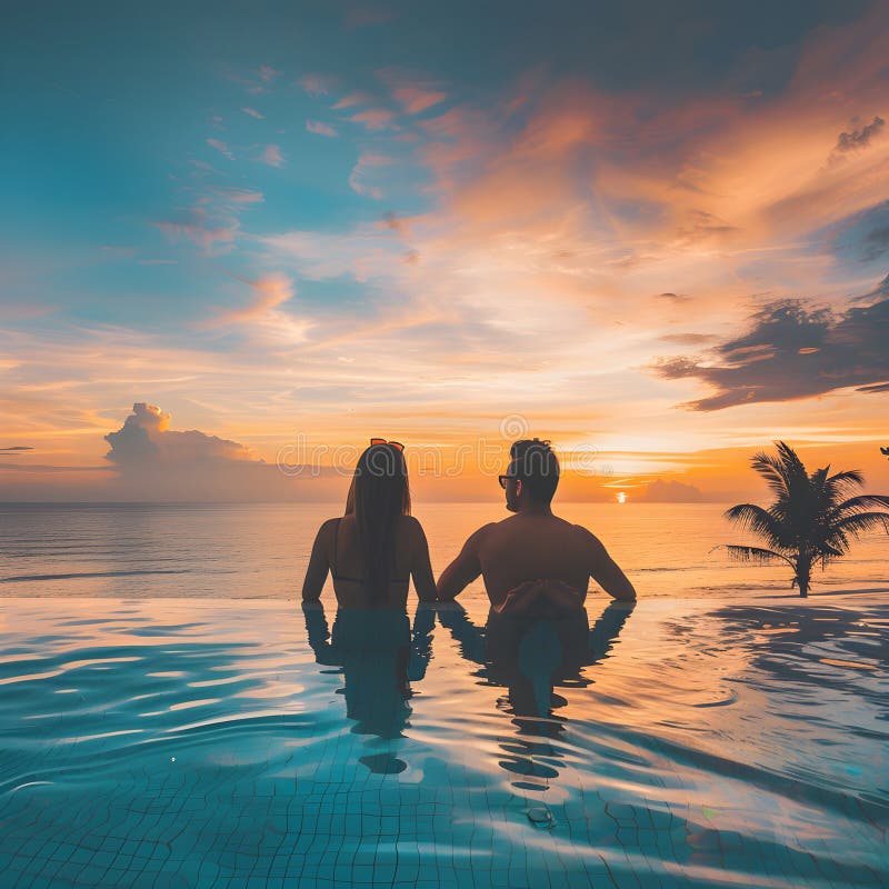 Romantic Couple Enjoying Sunset at Infinity Pool Stock Photo - Image of ...