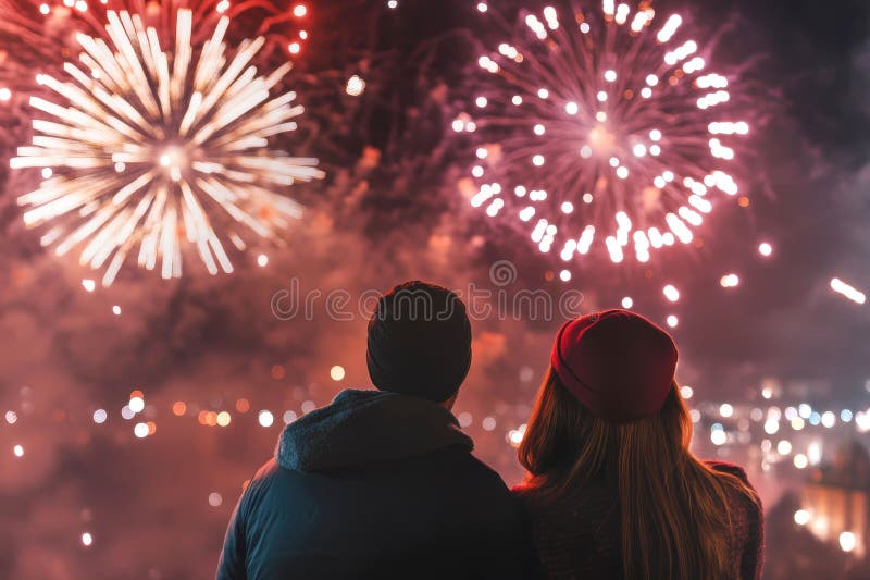 Romantic Couple Enjoying Vibrant Fireworks Display on a Winter Night ...
