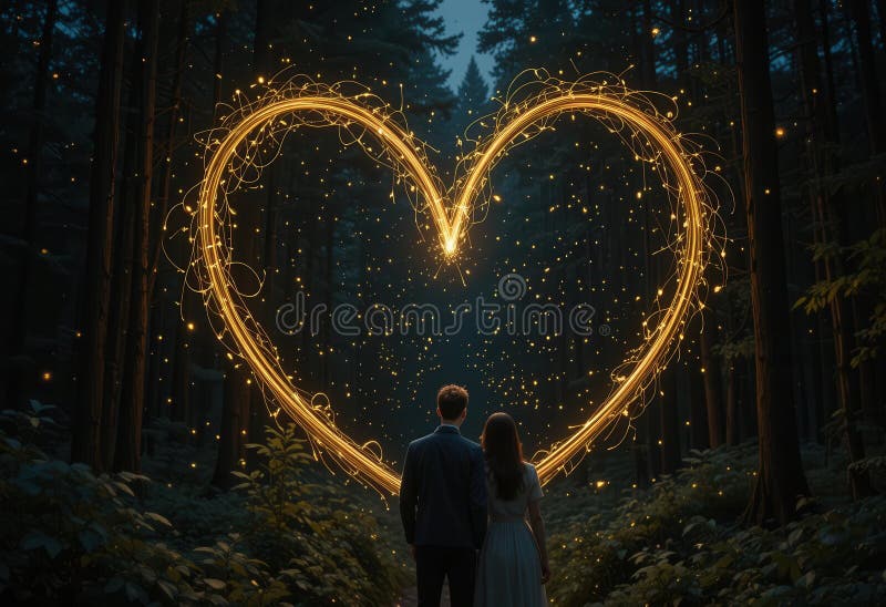 Romantic Couple in Forest Creating Heart Shape with Lights Stock ...