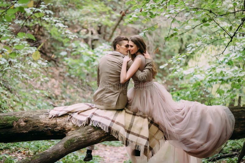 Romantic Couple is Gently Hugs on the Log. Autumn Wedding Stock Photo ...