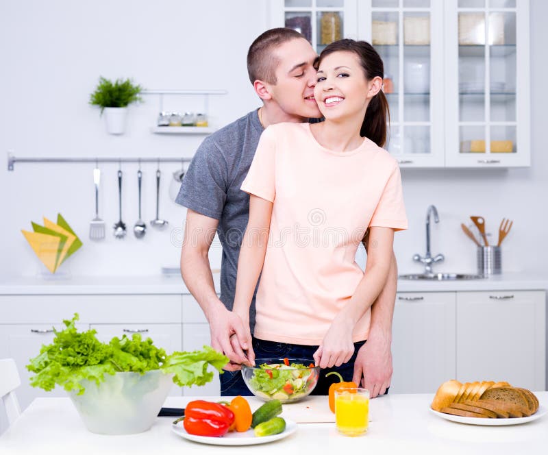 Romantic Couple in the Kitchen Stock Photo - Image of indoors, bonding ...