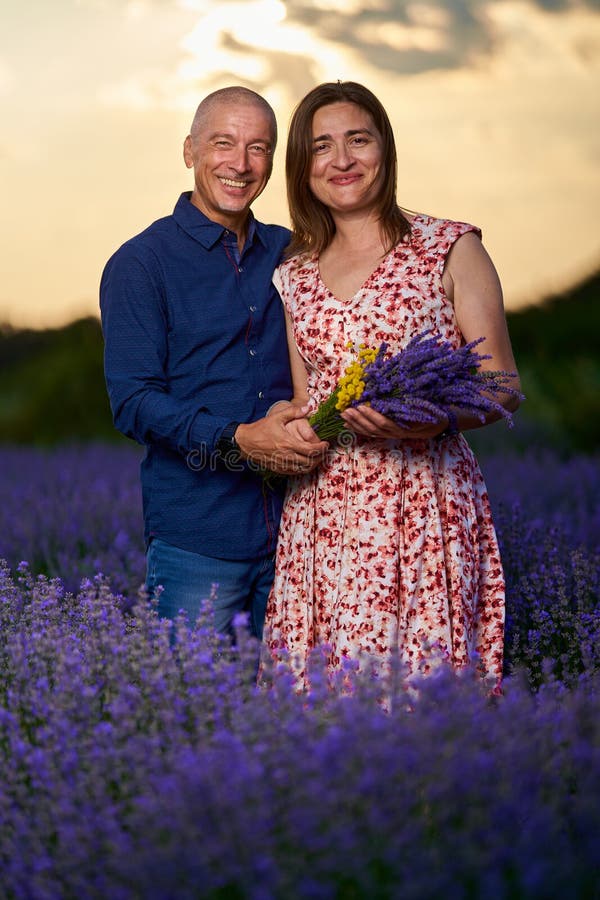 Romantic Couple in a Lavender Field Stock Image - Image of dress, date ...
