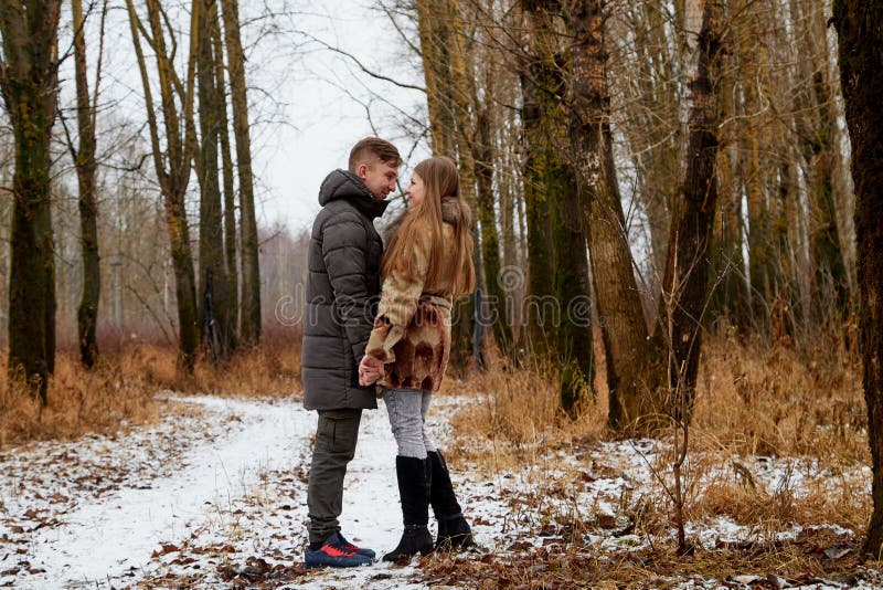 Romantic Couple in Love on Autumn or Winter Walk Stock Photo - Image of ...